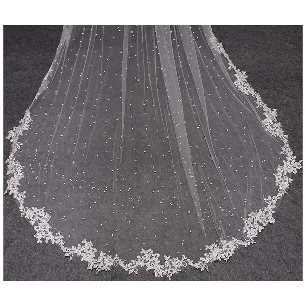 Ts Pearls Wedding Veil, with Lace Appliques Edge 2.5 Meters Long Bridal Veil, with Comb 250CM Veil for Bride (Color : White, Item Length : 250cm)