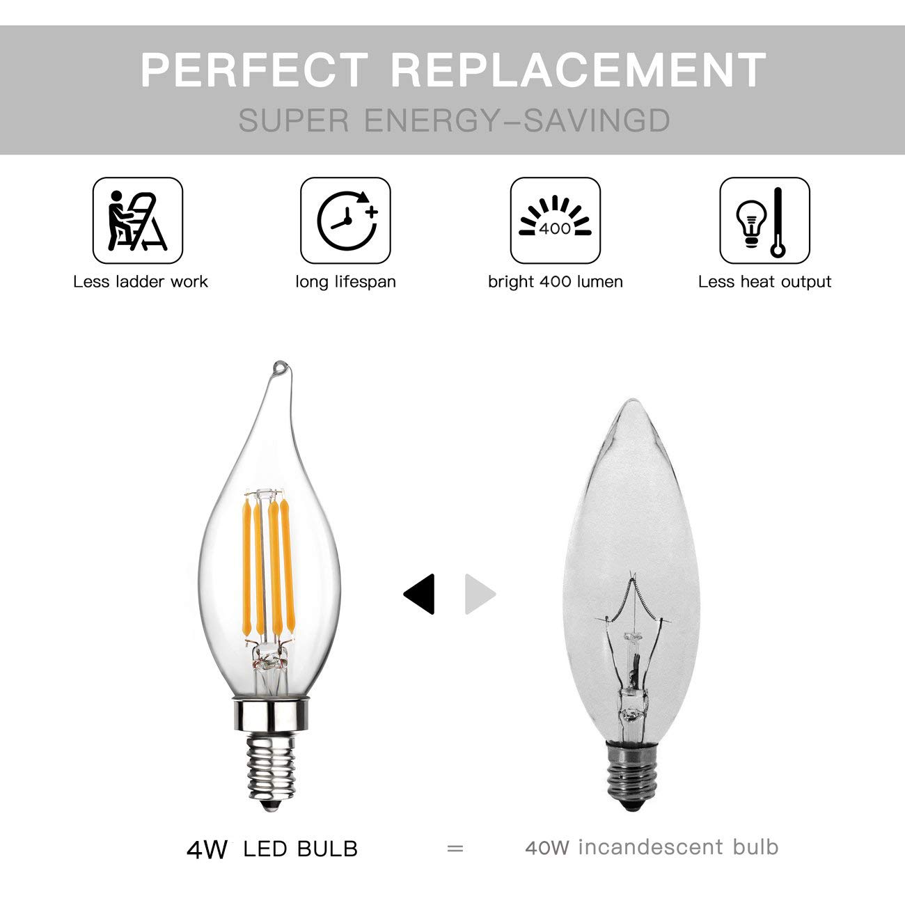 ohderii Candelabra LED Bulbs, E12 Base 4W (40W Equivalent) Chandelier Filament Candle Bulbs 400 Lumens 2700K Warm White Flame Tip Light Bulbs,Non-Dimmable (Warm White)