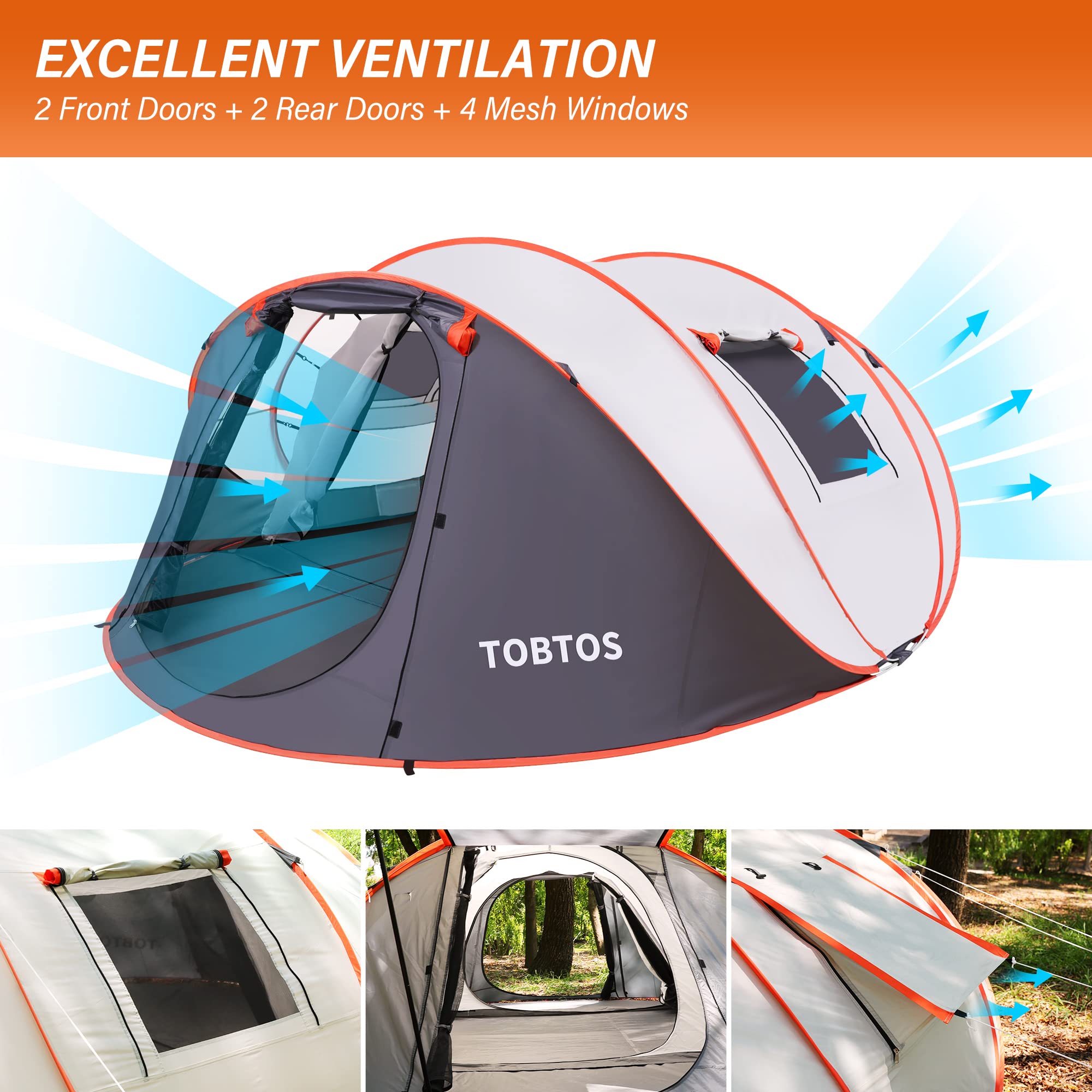 TOBTOS Pop Up Camping Tent 6 Person Double Layer with Vestibule, Automatic Setup Instant Tents for Camping Hiking and Outdoor for 2/3/4/5/6 People