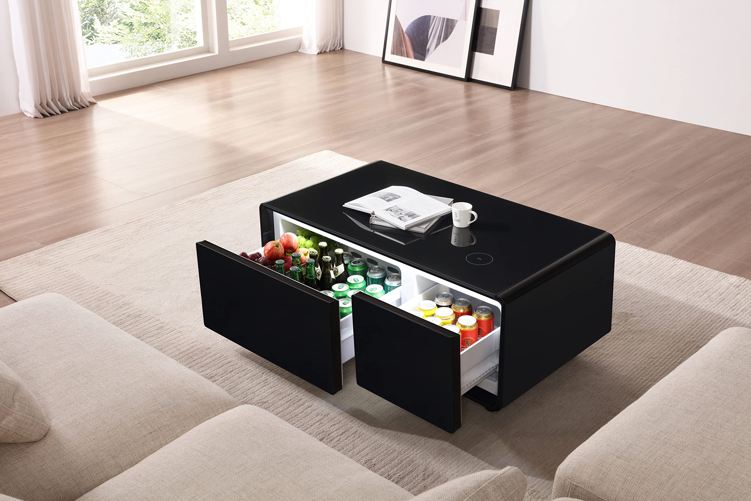 TOUPUWAN Modern Smart Coffee Table with Built-in Refrigerator, Outlet Protection, Wireless Charging Module, Mechanical Temperature Control, Power Outlet, USB Port, Ice Water Port and Power Port Black