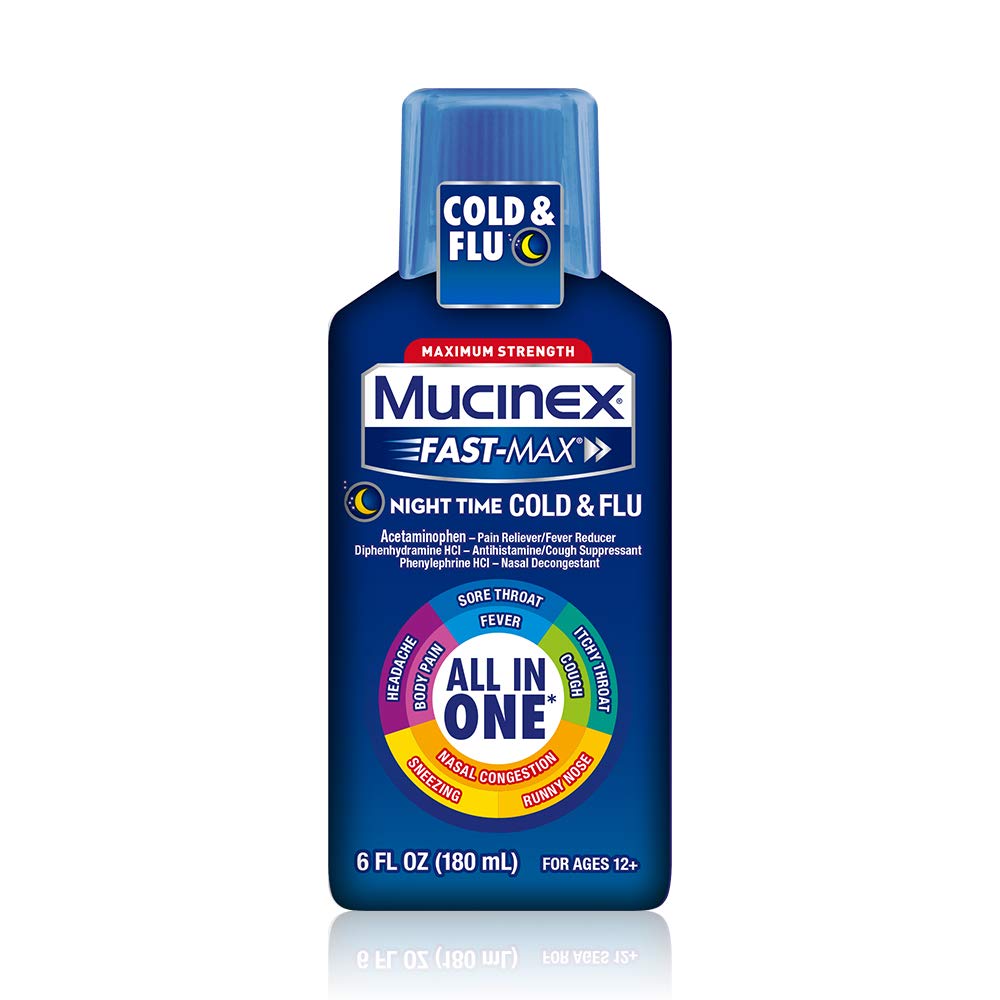 Mucinex Fast-Max Adult Nighttime Cold and Flu Liquid, 6 Ounce (Pack of 4)