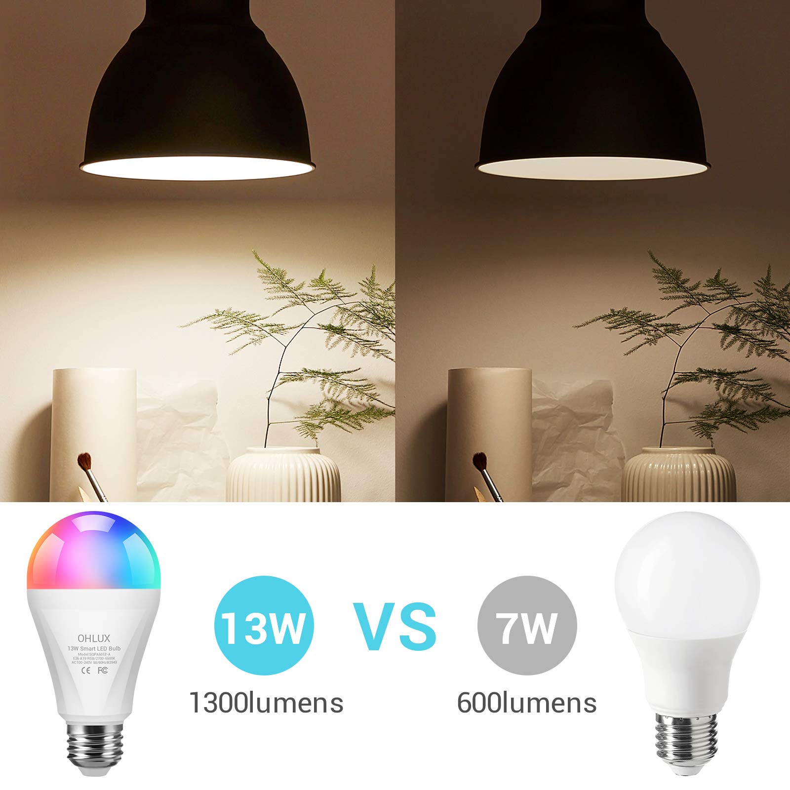 OHLUX Smart Light Bulbs, 1300LM Super Bright (150W Equivalent) WiFi Color Changing Light Bulbs, 16 Million DIY Colors RGB Light Bulbs, Work with Alexa, Google Assistant, A19 E26 2Pack