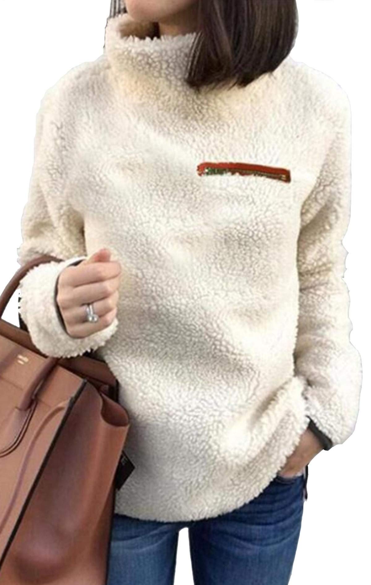 onlypuff Long Sleeve Sherpa Pullover Sweater White Soft Winter Warm up Tunic for Leggings M