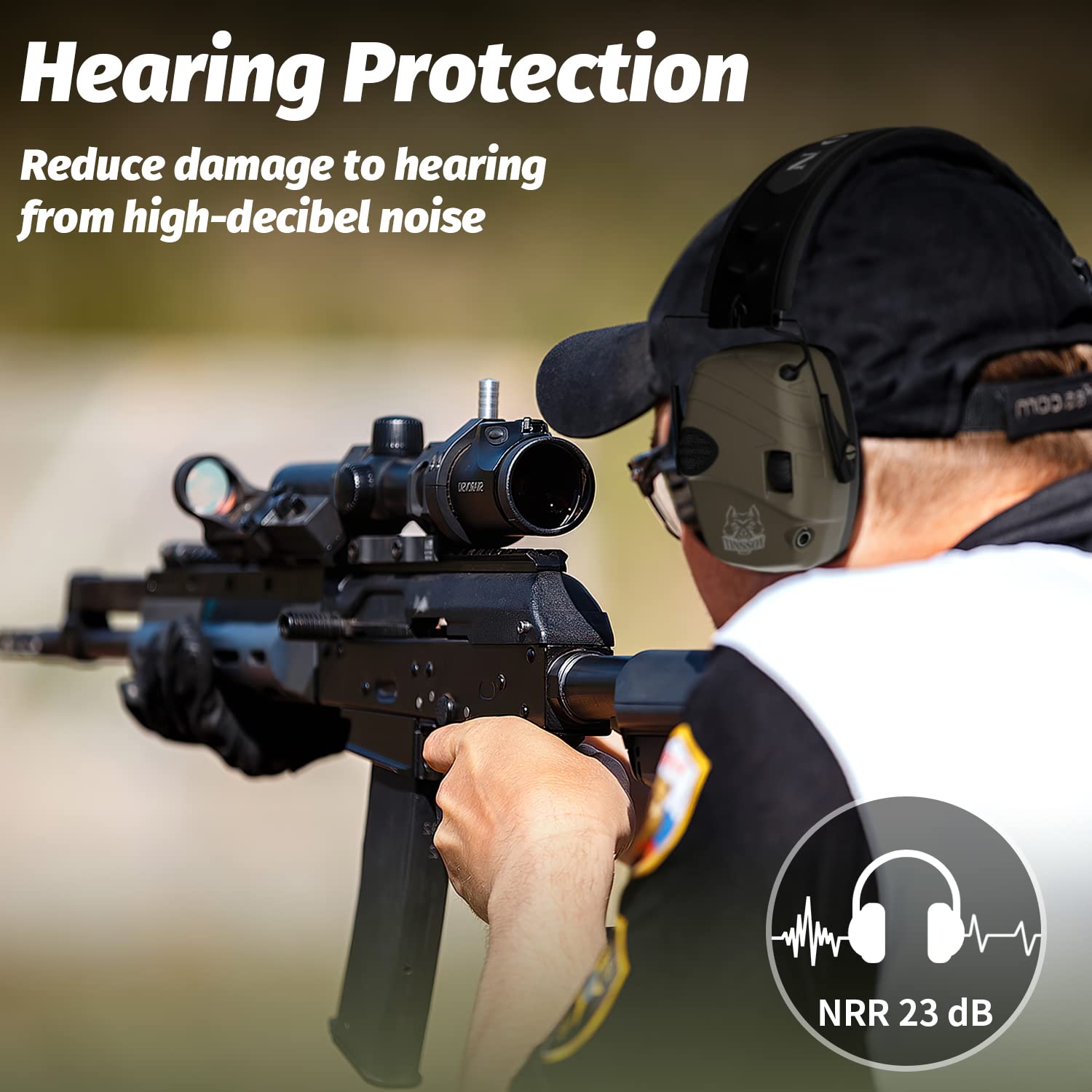 TINSSON Electronic Shooting Hearing Protection Earmuffs for Gun Range NRR 23dB Noise Cancelling Headphones for Hunting FDE