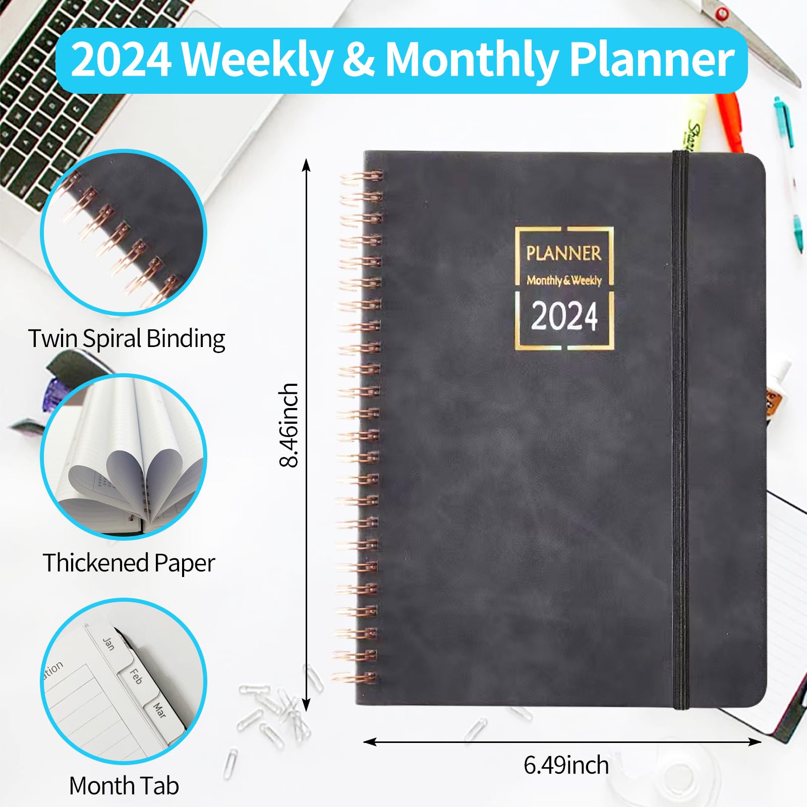 SAMTURUI 2024 Academic Year Weekly and Monthly Planner, 6.49"x8.46", Daily Planner for Goals, Flexible Cover, 70 Pages for Work Lesson Management, Black