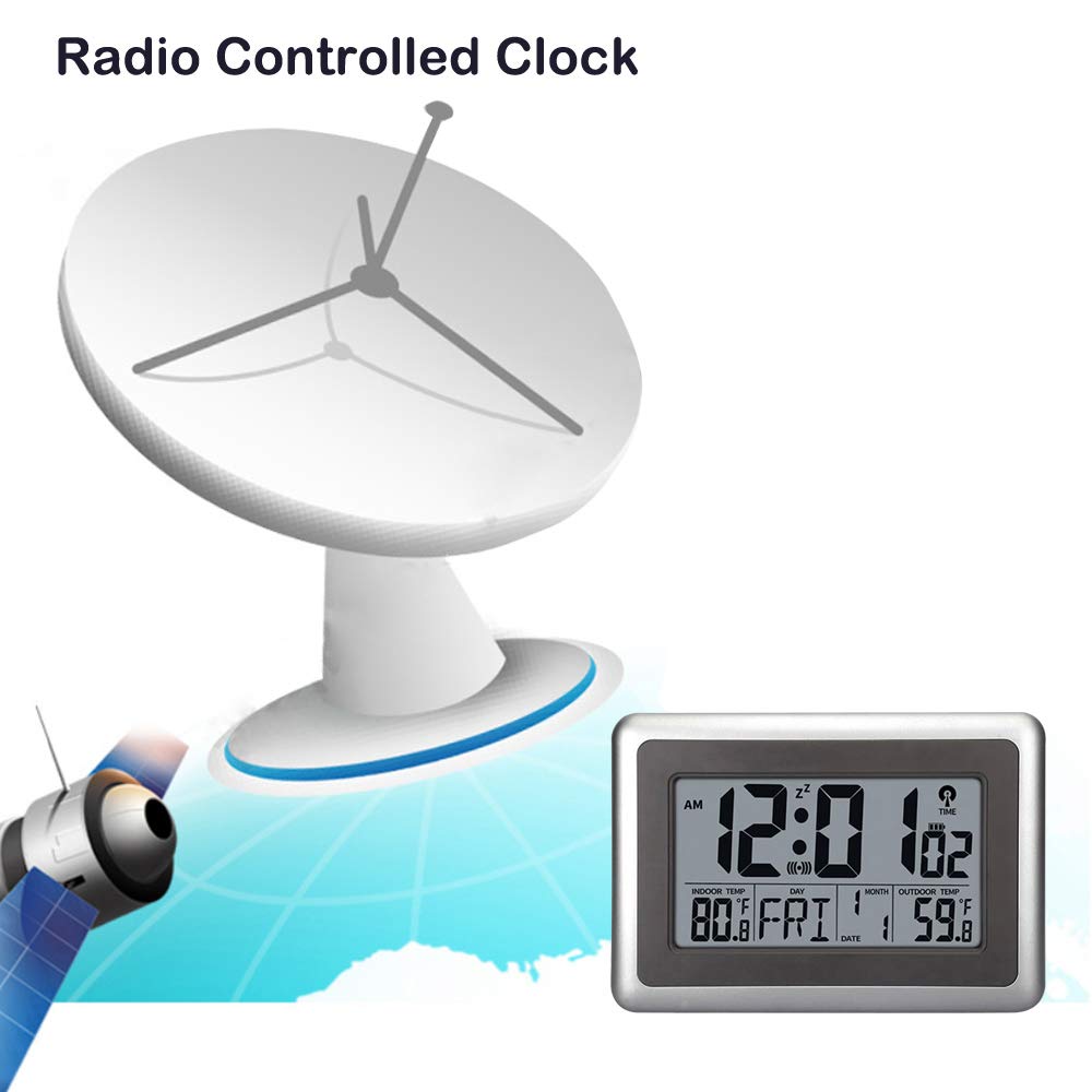 Ruan Atomic Wall Desk Clock Large Display with Indoor Outdoor Temperature Date Calendar, Digital Alarm Clock Battery Operated Without Backlight for Kitchen Bedroom