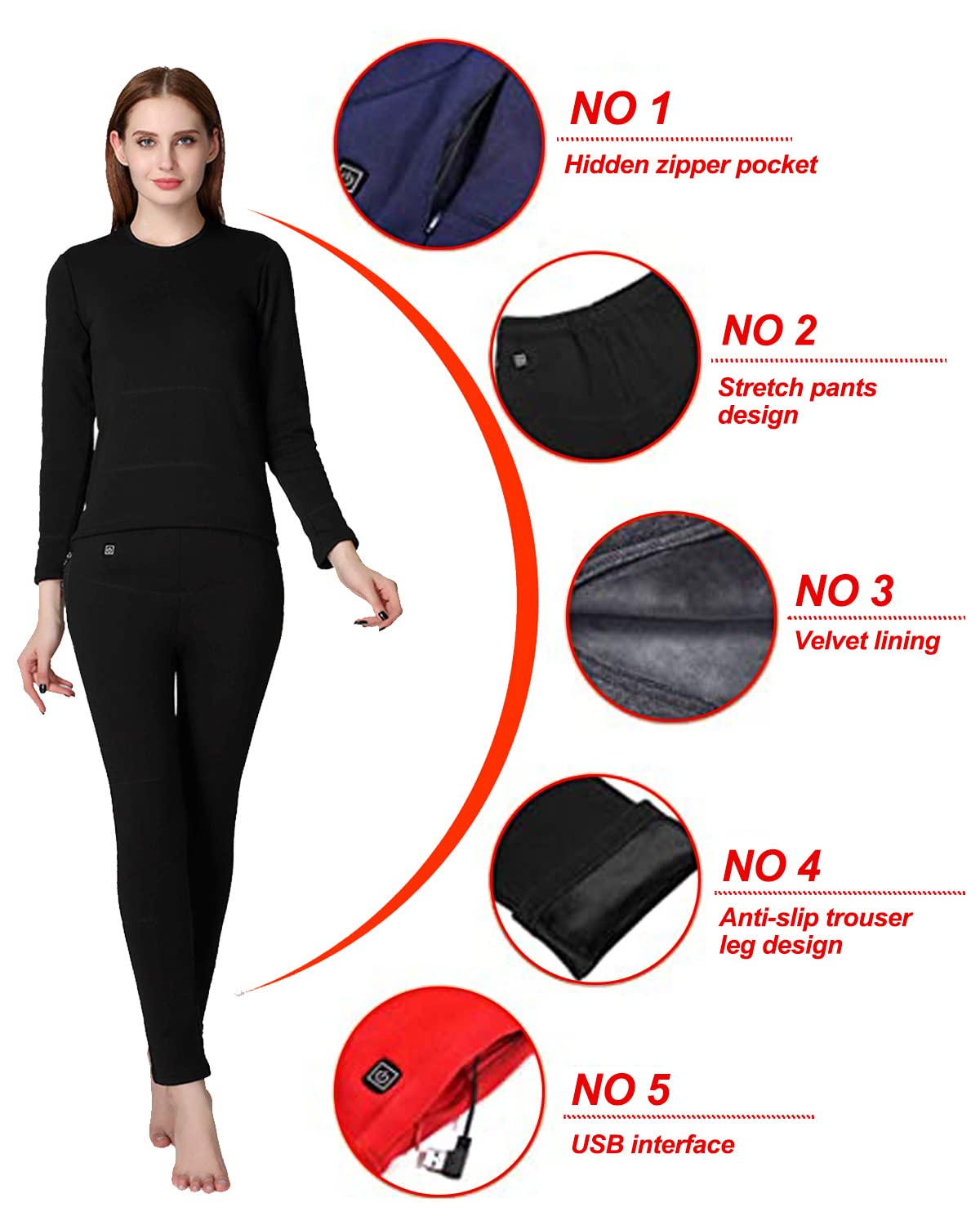 TRUNYAQI Women's Heated Thermal Underwear Set, USB Women's Electric Thermal Heated Long Johns Set, Leggings for Snow Women(Grey,Small)
