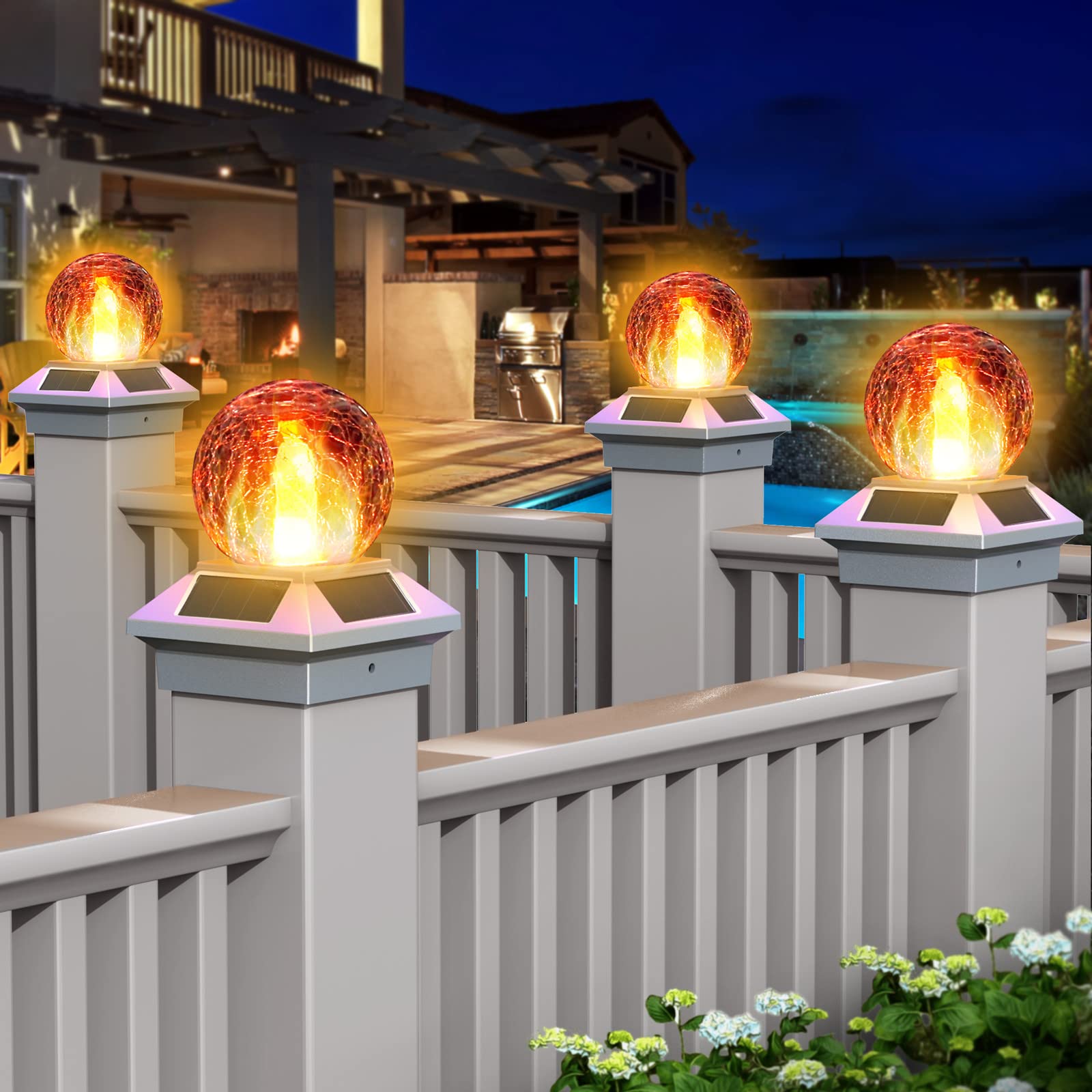 Solar Fence Post Cap Light,Solar Post Flame Lights Outdoor Cap Lights 4 Pack for Mailbox,Deck or Patio,Waterproof Outdoor Cap Lamp Post Fits 4X4, Wooden Posts or 3.5X3.5 Vinyl/PVC Fence Posts