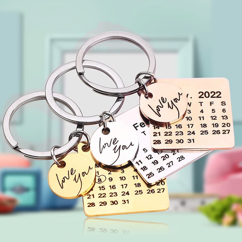 Personalized Engraved Calendar Keychain,Stainless Steel Keyring, Dog Cat Label,Customized with a Special Date & Text,Ideal Gift for Friends, Weddings, and Memorials