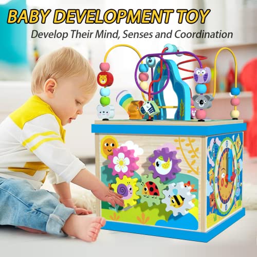 Wooden Baby Activity Cube for Toddlers 3+,5 in 1 Early Educational Montessori Toy for Toddlers,Abacus Blocks Bead Maze Spinning Gear Shape Sorter Learning Clock,First Birthday Gifts for Boys Girls.