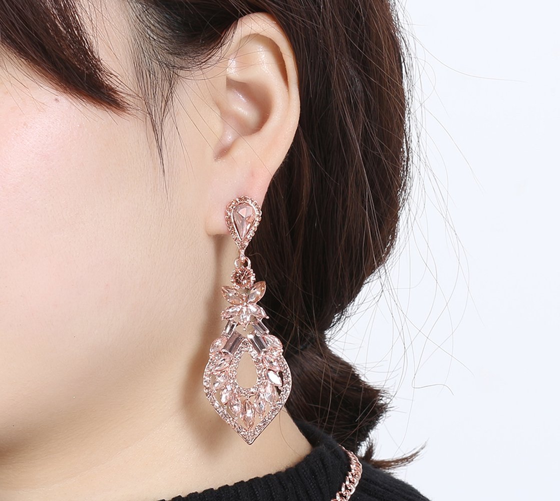 NLCAC Pear Shape Crystal Dangle Earrings Pierced Marquise Cluster Ear Drop Wedding Jewelry Rose Gold