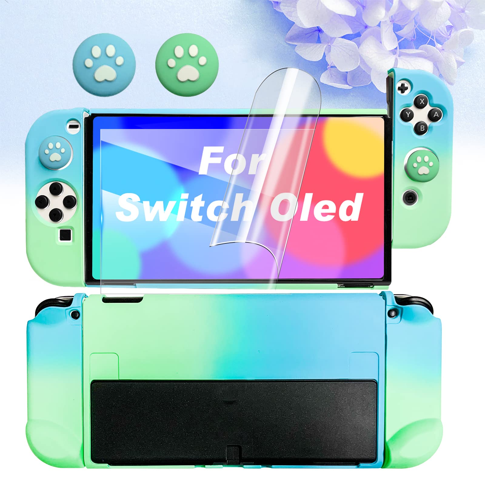 Switch OLED Case Cover, Dockable Protective Case for Switch OLED Skin with Screen Protector, 3 in 1 Cute Gradient Hard Skin Cover Protector with 2 Thumb Grips for Switch OLED Console Blue-Green