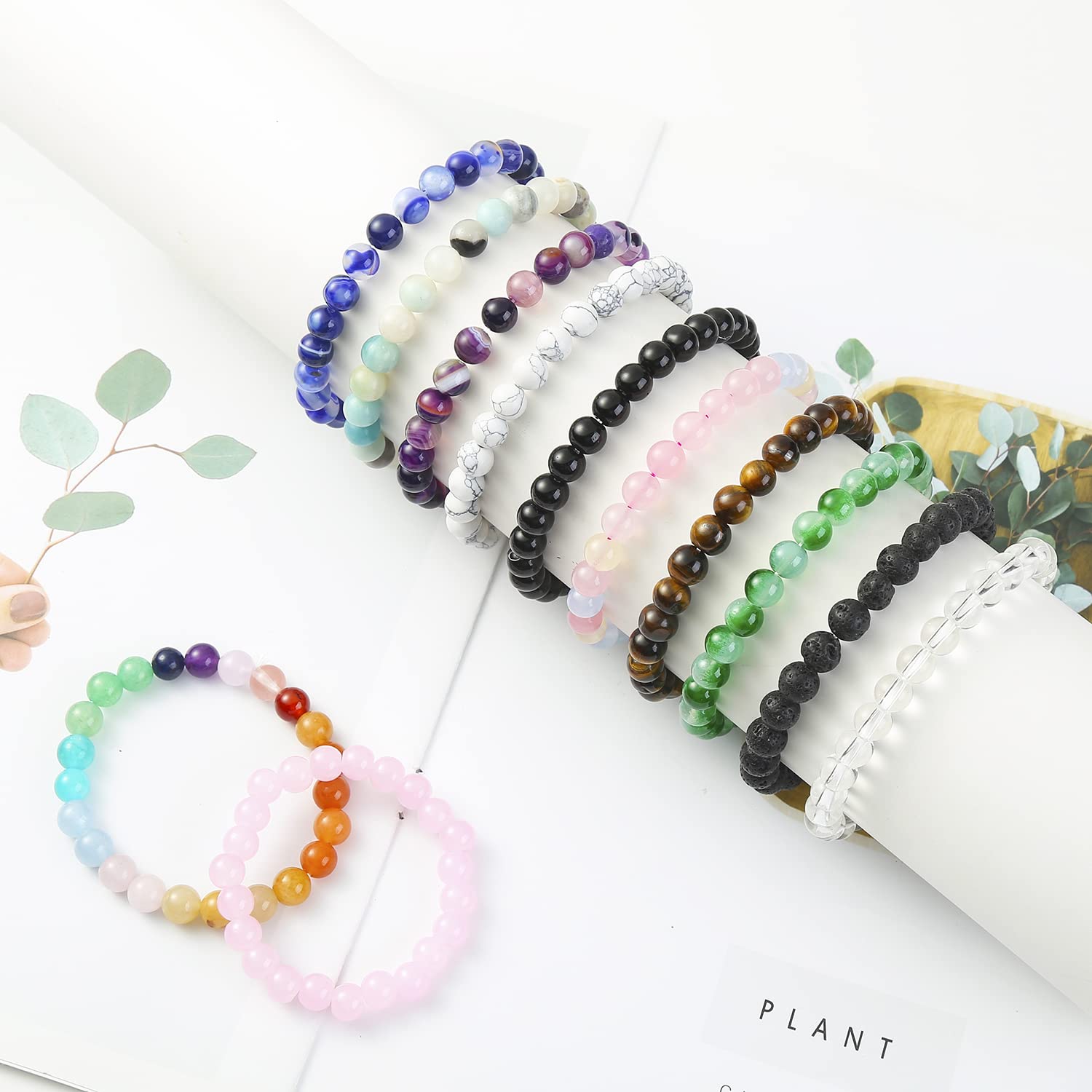 Wremily 12 Pcs Crystal Beaded Bracelet for Women Natural Stone Tiger Eye Quartz Chakra Stretch Bracelet 8MM