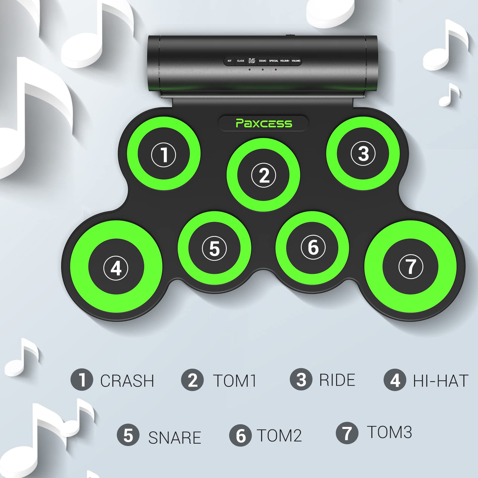 PAXCESS Electronic Drum Set, Roll Up Drum Practice Pad Midi Drum Kit with Headphone Jack Built-in Speaker Drum Pedals Drum Sticks 10 Hours Playtime, Great Holiday Birthday Gift for Kids (Renewed)
