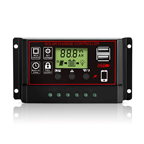 WERCHTAY 60A Solar Charge Controller 12v/ 24v PWM Solar Panel Charge Controller Intelligent Regulator with 5v Dual USB Port Display Adjustable Parameter LCD Display and Timer Setting ON/Off Hours