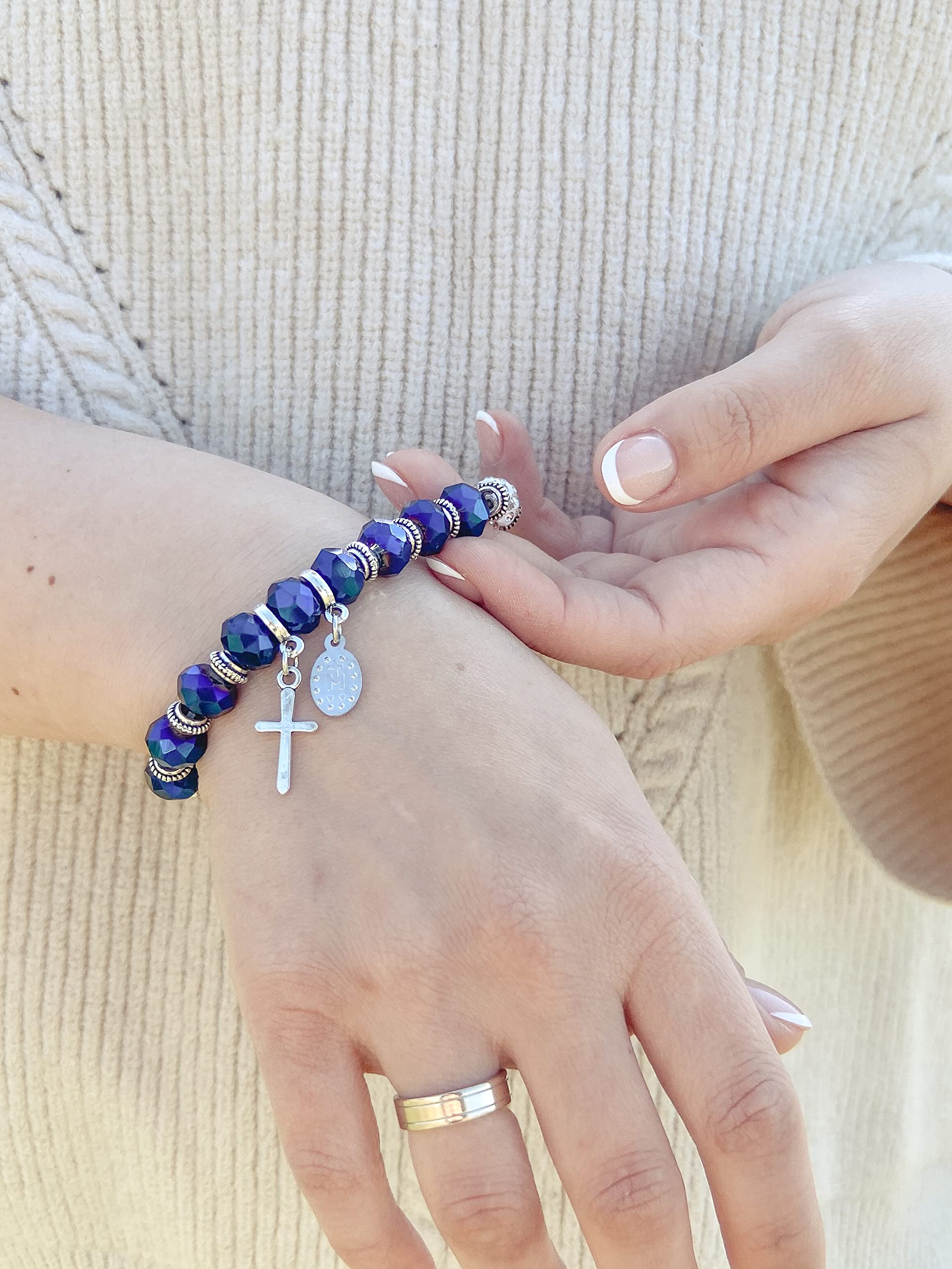 Nazareth Store Women's Beaded Stretch Rosary Bracelet Deep Blue Crystal Beads Bangle Crucifix & Miraculous Medal