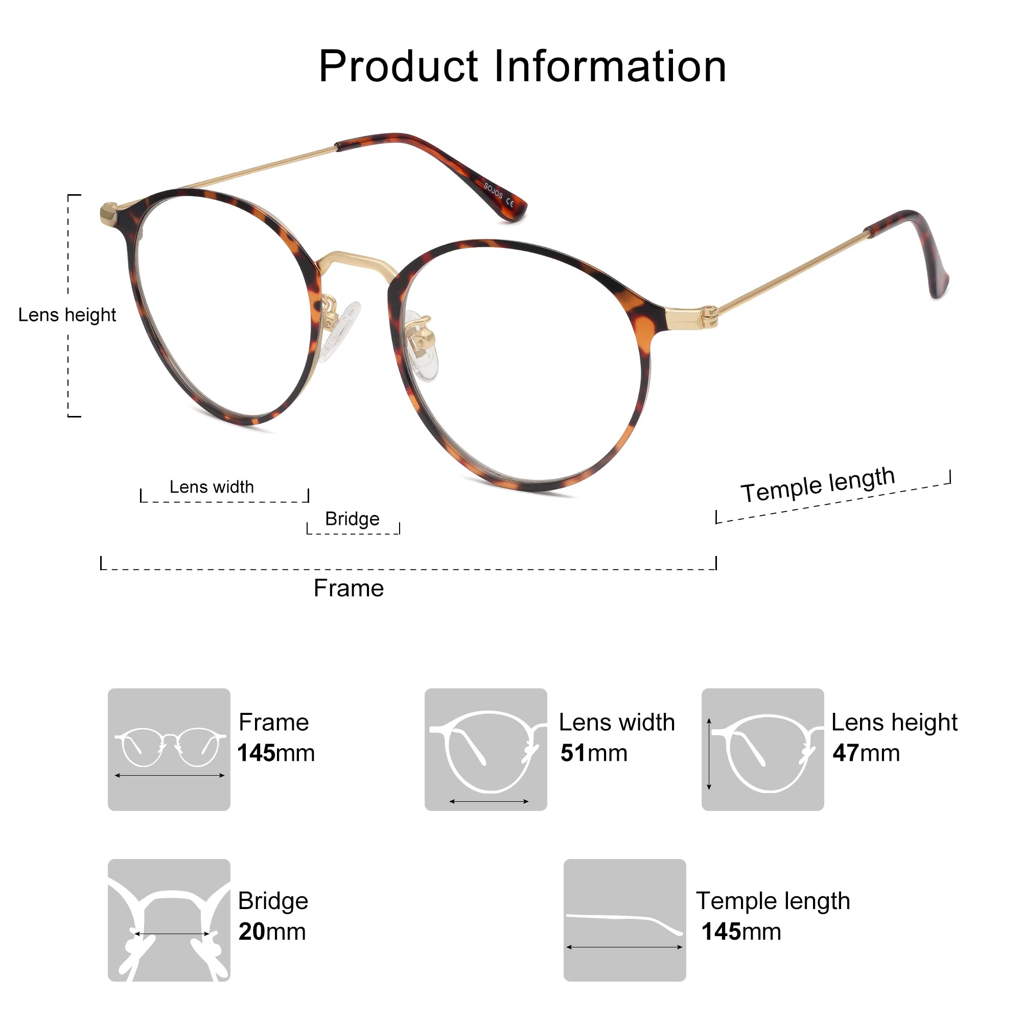 SOJOS Retro Round Glasses Blue Light Blocking Eyewear Metal Frame SJ5148 with Demi Frame/Anti-Blue Light Lens