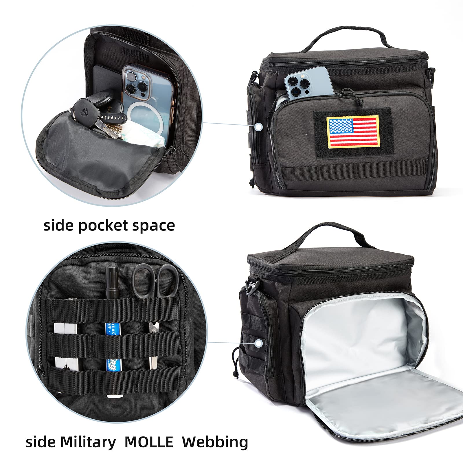 UMUFUKA Lunch Box for Men, Tactical Lunch Cooler Tote,Insulated Lunch Bag Adult, With Detachable MOLLE Water Bottle Pouch, Men Leakproof Lunch Bag for Work Picnic (Black)