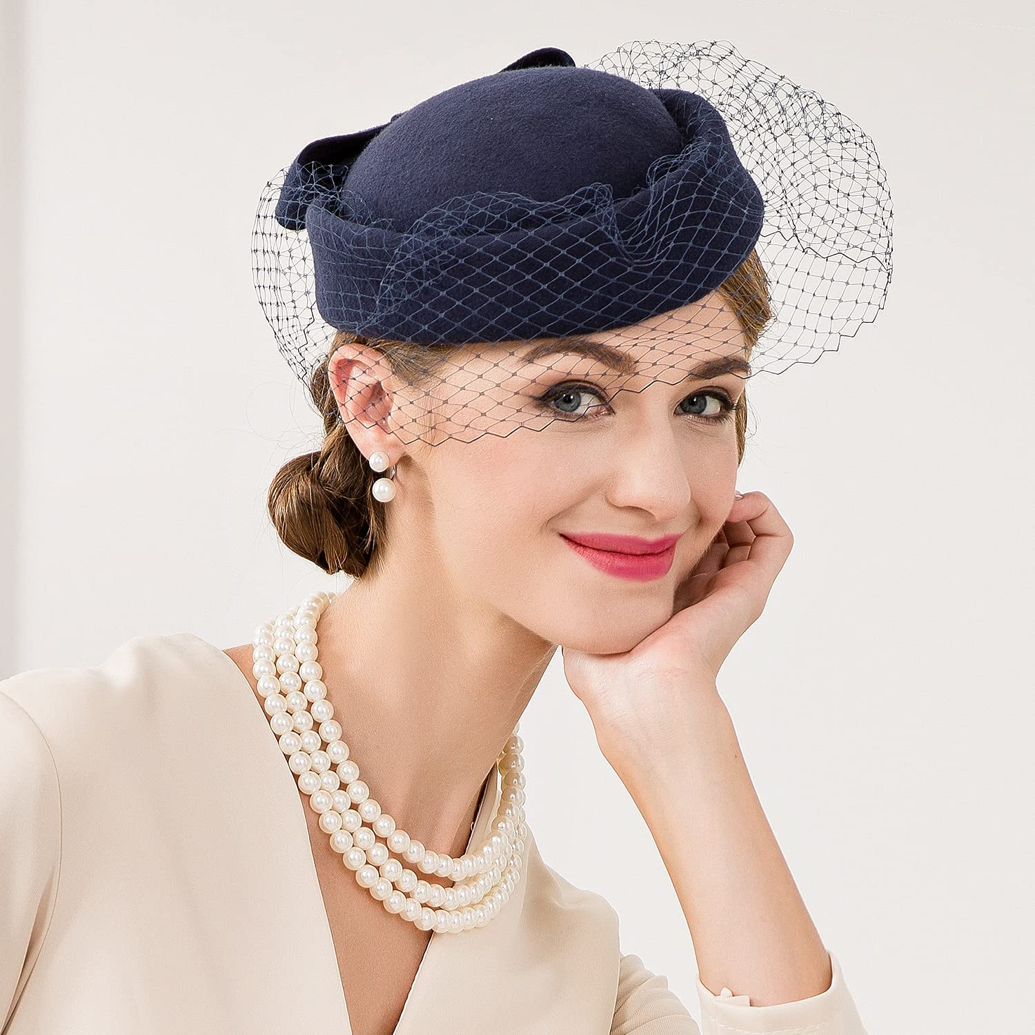 TS British Vintage Wool Felt Pillbox Hat with Veil Flower Fedoras Headpiece for Tea Party Wedding Church