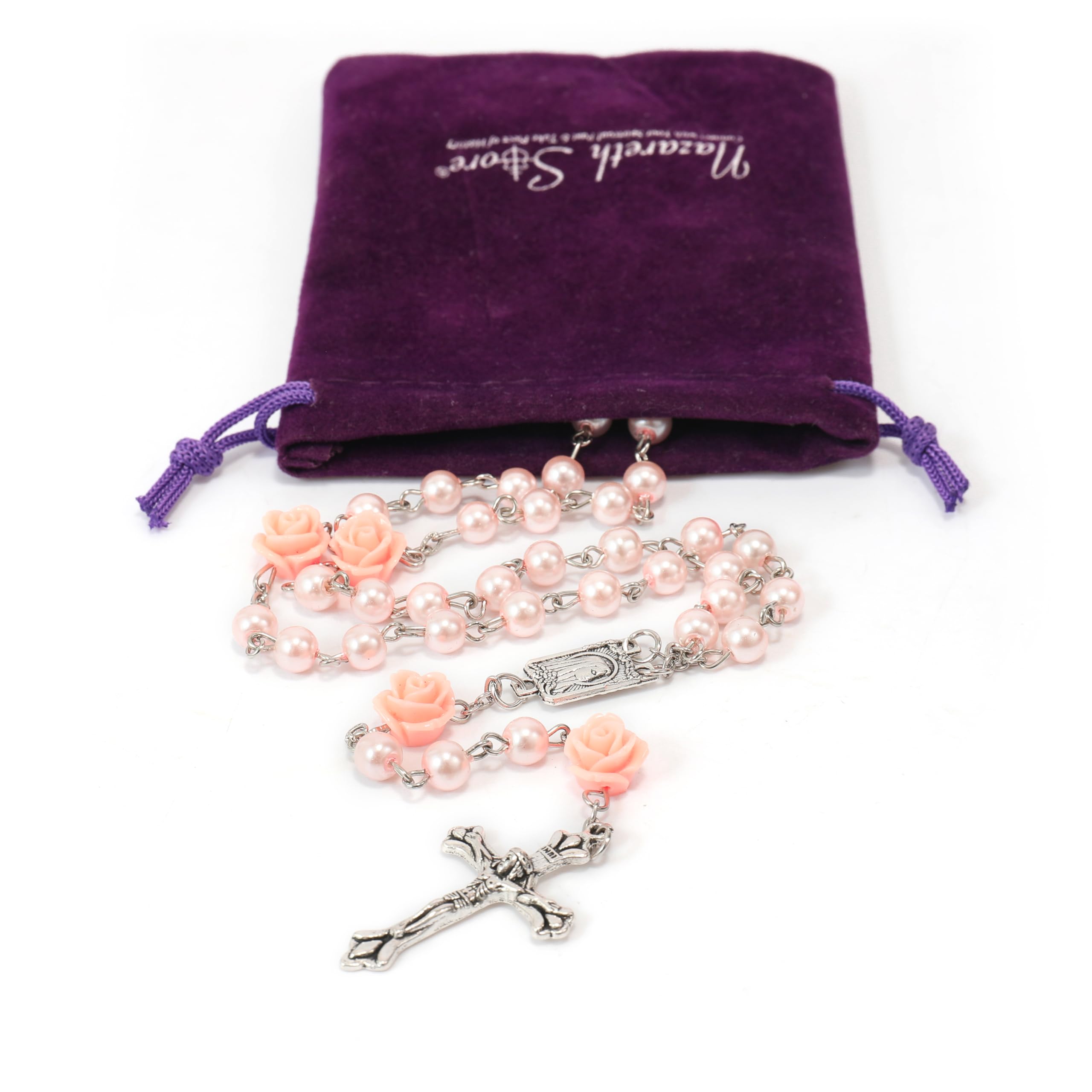 Nazareth Store Catholic Pink Pearl Beads Rosary Necklace Our Rose Flowers, Lourdes Medal & Cross NS
