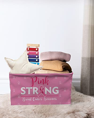Pink Ribbon Storage Baskets for Organizing, Breast Cancer Awareness Women Bow Fabric Storage Bins for Shelf, Collapsible Cube Bin with Handles for Closet(15''x11''x9.5'')