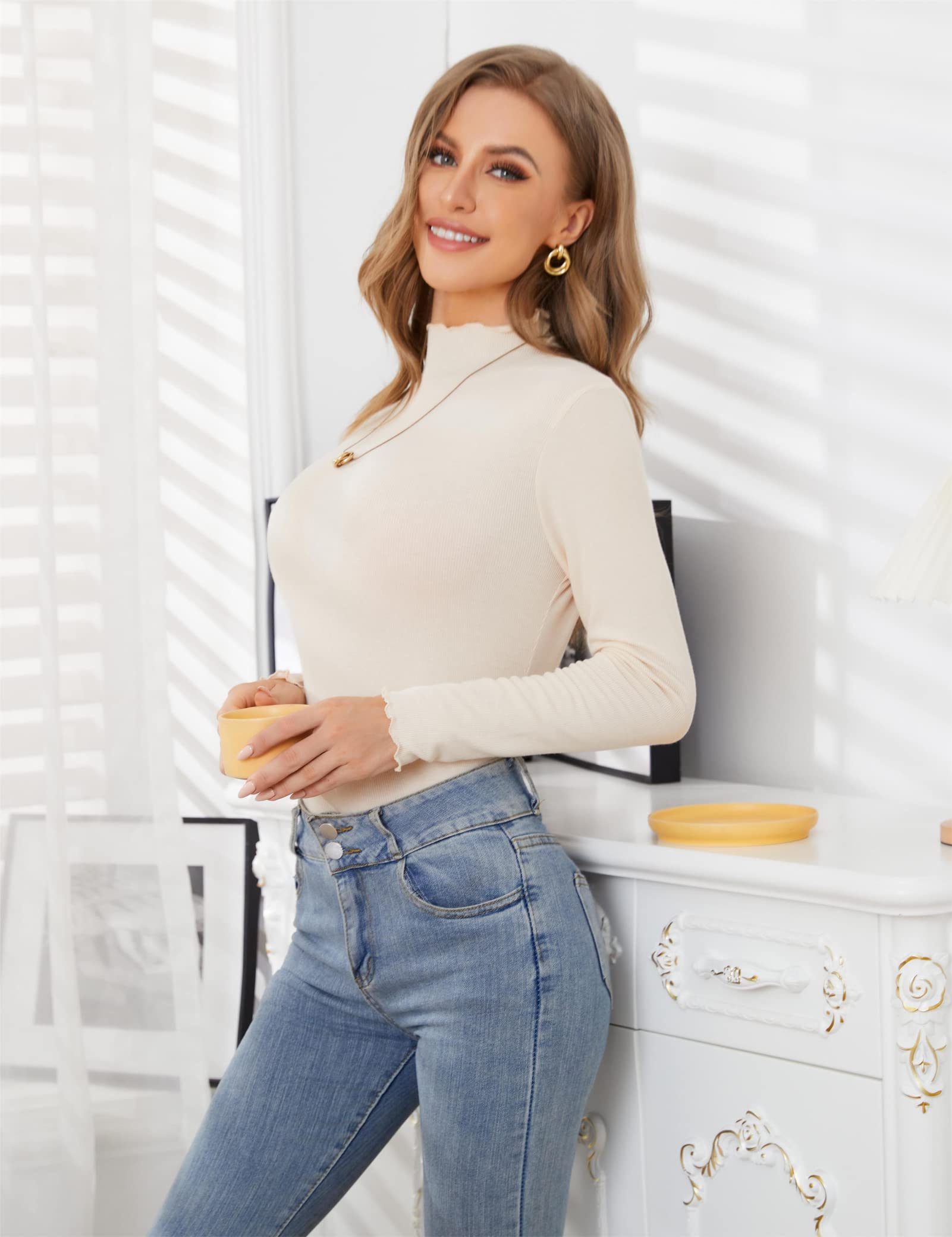Turtleneck Women Long Sleeve Mock Necks Tops Ruffles Soft Thermal Underwear Spring Fashion 2023, White Large