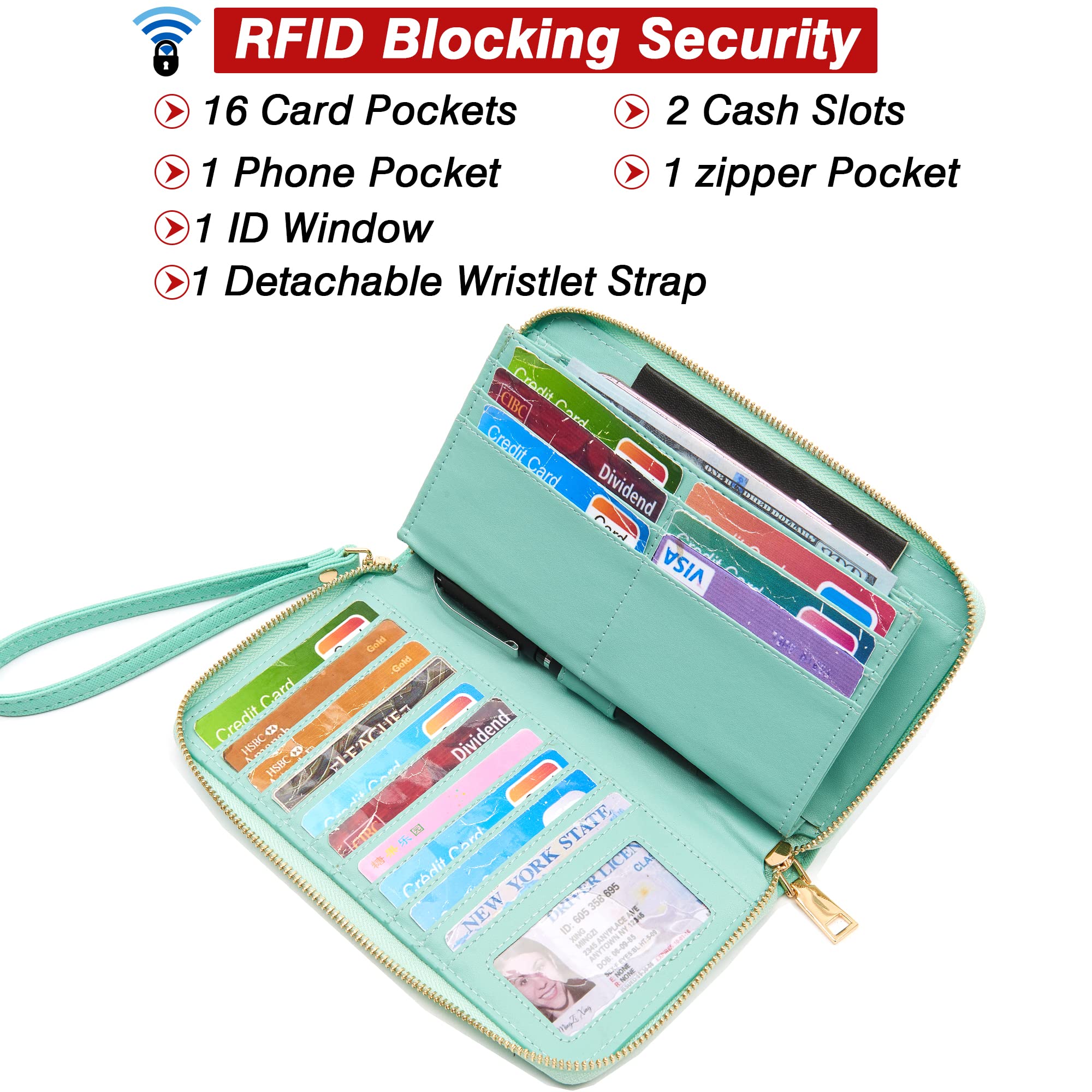 YZAOLL Women's Wallet RFID Blocking PU Leather Large Capacity Zip Around Credit Card Holder Cell Phone Checkbook Storage Bag Zipper Coin Purse,lightgreen