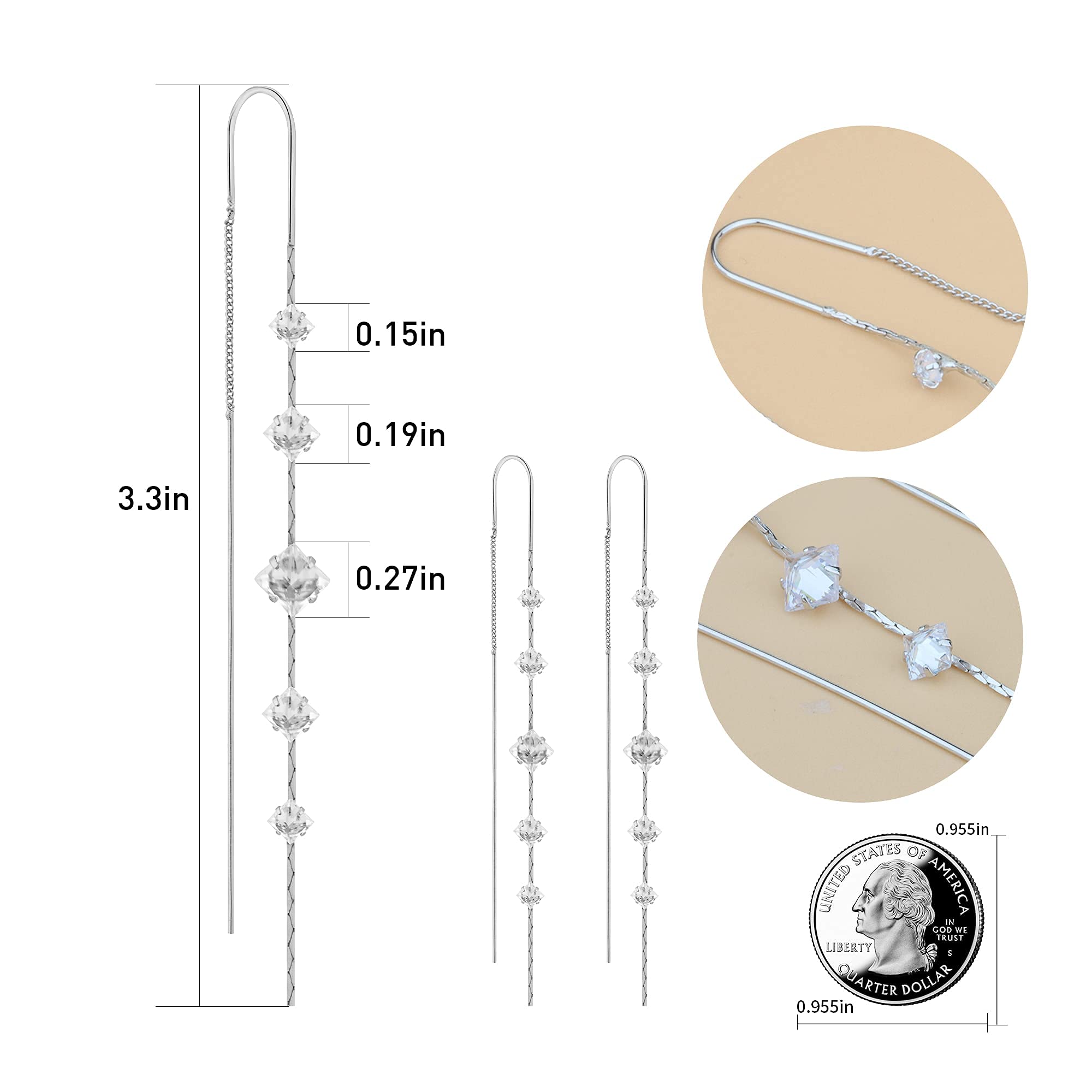 Threader Dangle Earring Long Chain Twist Curved Tassel Earring Star Butterfly Cubic Zirconia Gold Silver Drop Earring for Women Girl (Threader Earring-D)