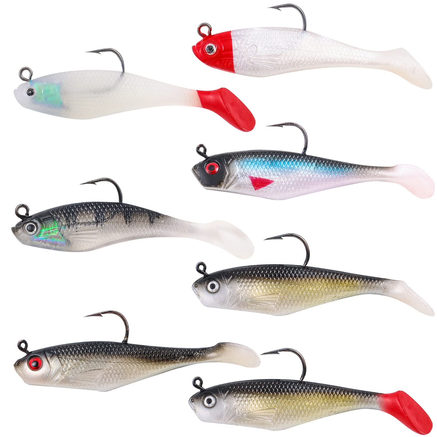 TUXIBIN Fishing Lures Soft Plastic Lures for Bass Jig Head Soft Swimbait Lifelike Plastic Baits Tackle Kit for Saltwater and Freshwater, Multi Color R5-1
