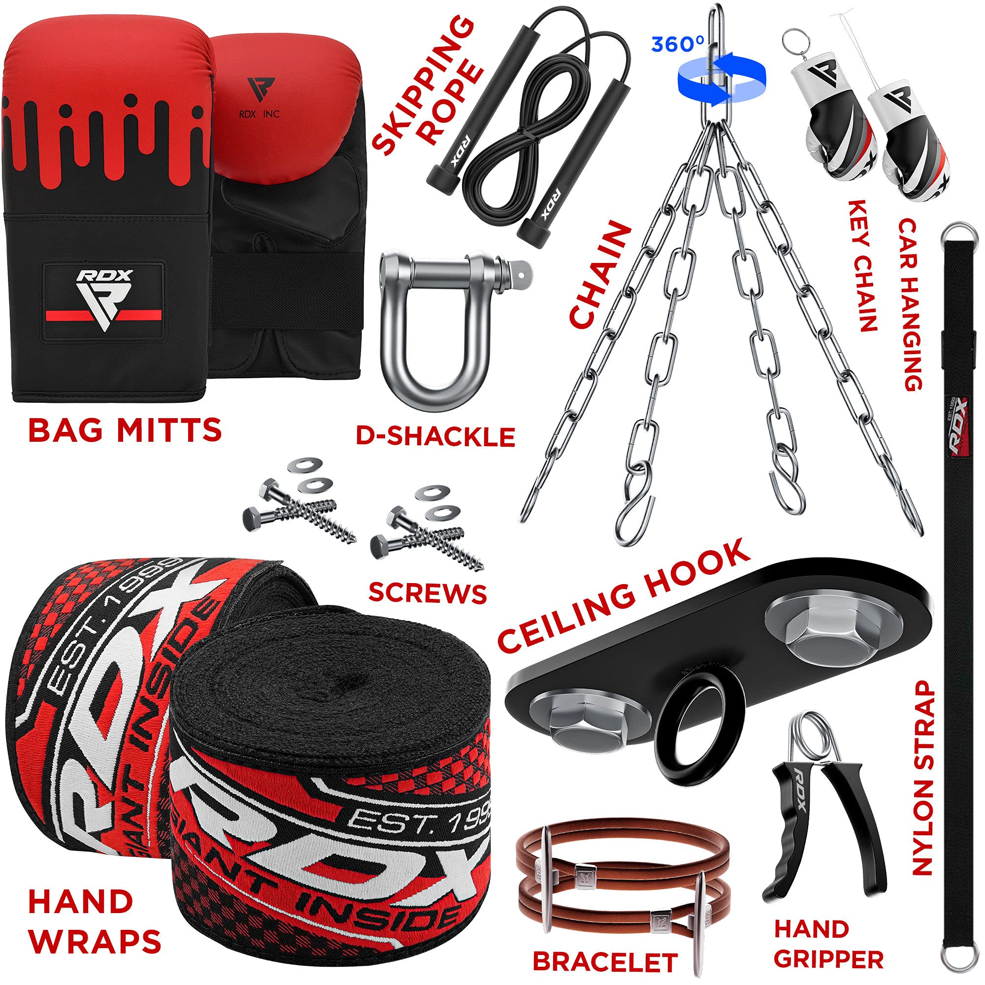 RDX Punching Bag for Boxing Training, 13PC unfilled 4ft 5ft Heavy Bag Set with Punching Gloves, Ceiling Hook, Chain, for Grappling, MMA, Kickboxing, Muay Thai, Karate, Taekwondo, BJJ