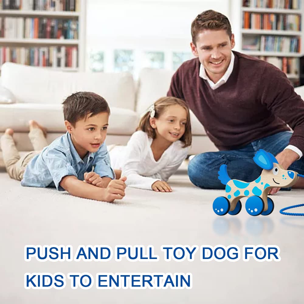 Wooden Push Pull Dog Toys Pull Toys for Toddlers 1-3 Baby Pull Toy Stand and Roll Toys Push Along String Dog Toys