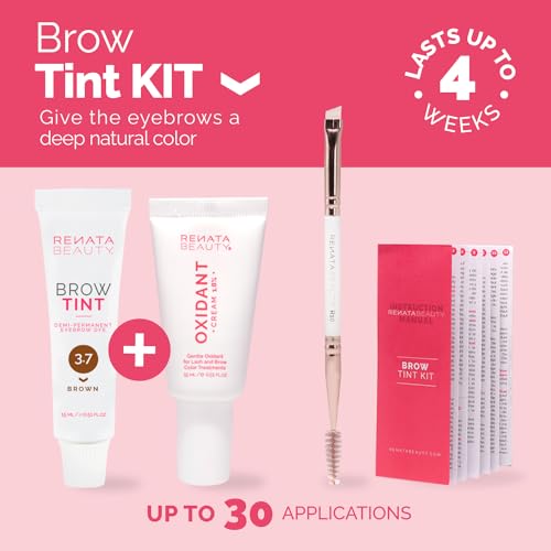 RB RENATA BEAUTY Lash and Brow Tint Kit – Eyelash & Eyebrow Tint Set – Dye Kit with Color Tint, Cream Developer and Styling Brush – Long-Lasting Effect Up to 4 Weeks – 30 Applications [Brown]