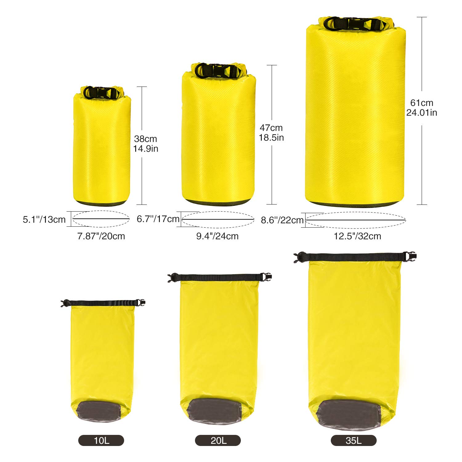 REDCAMP Ultralight Dry Sack for Kayaking Backpacking, Waterproof Nylon Dry Bag for Water Sports Yellow 10L