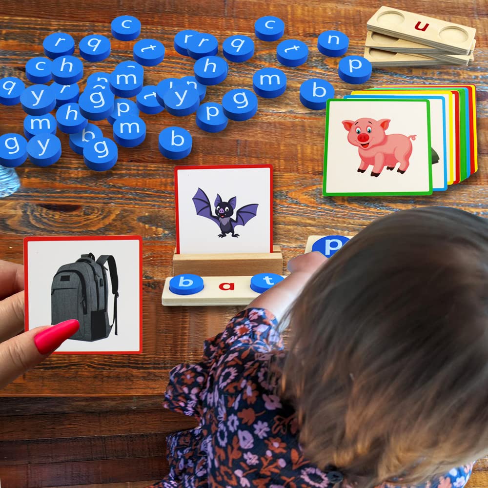 Wooden Short Vowel Reading Letters Spelling Toys, Alphabet Puzzle Flashcards Learning Activities Sight Words Reading Blocks Educational Toys for 3 4 5 Years Old Kids
