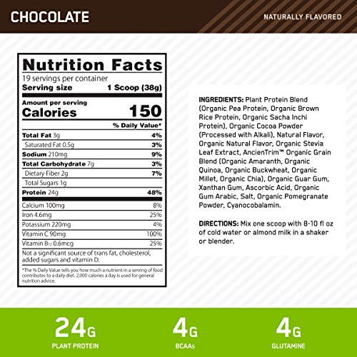 Optimum Nutrition Gold Standard 100% Plant Based Protein Powder, Vitamin C for Immune Support, Chocolate, 1.59 Pound