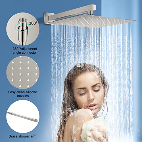 NERDON Shower System, 12 Inch Brushed Nickel Luxury Rain Shower Head with Handheld Combo Set, Wall Mounted High Pressure Dual Shower Head System, Bathroom Shower Faucet set with Valve Body and Trim