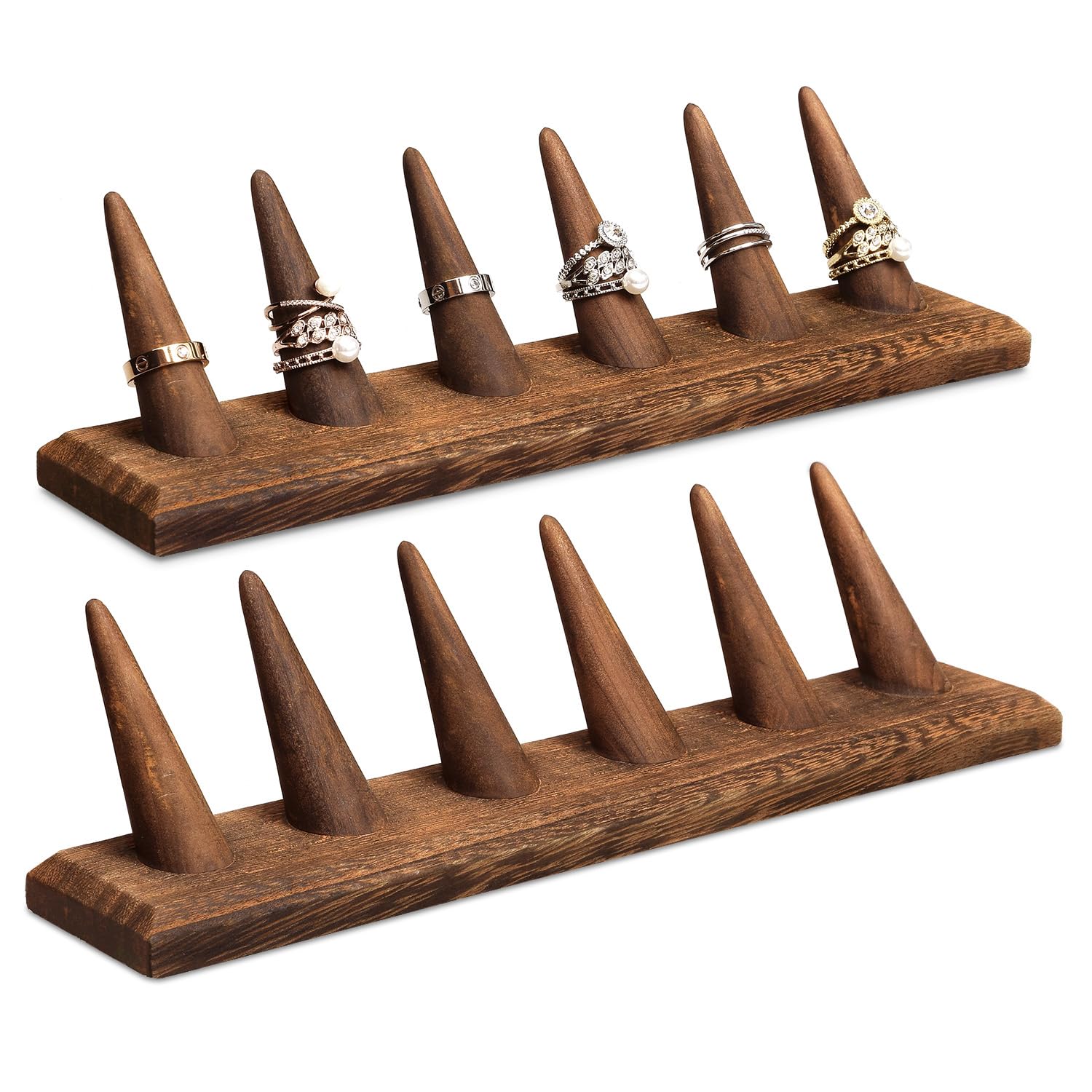 MOOCA 2 Pcs Set Finger Ring Stand Jewelry Display Holder Showcase Display Stands 11 x 2 1/4 x 2 3/4 in, Brown Color