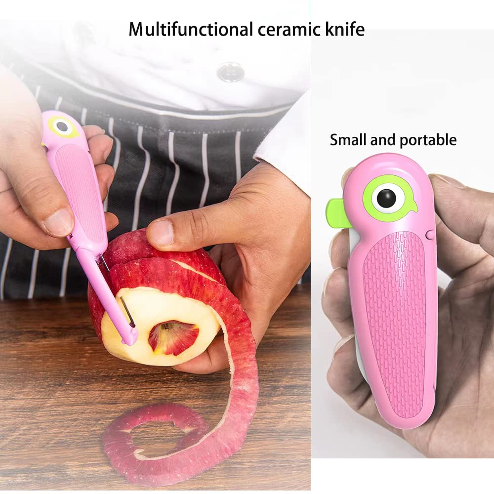 X.SSTTXN Ceramic Fruit knife, Portable Ceramic Paring Knife - Small Folding Knife, Ceramic Peeler 2 in 1, Cute Portable Fruit Knife for Travel, Home, Office (Pink)