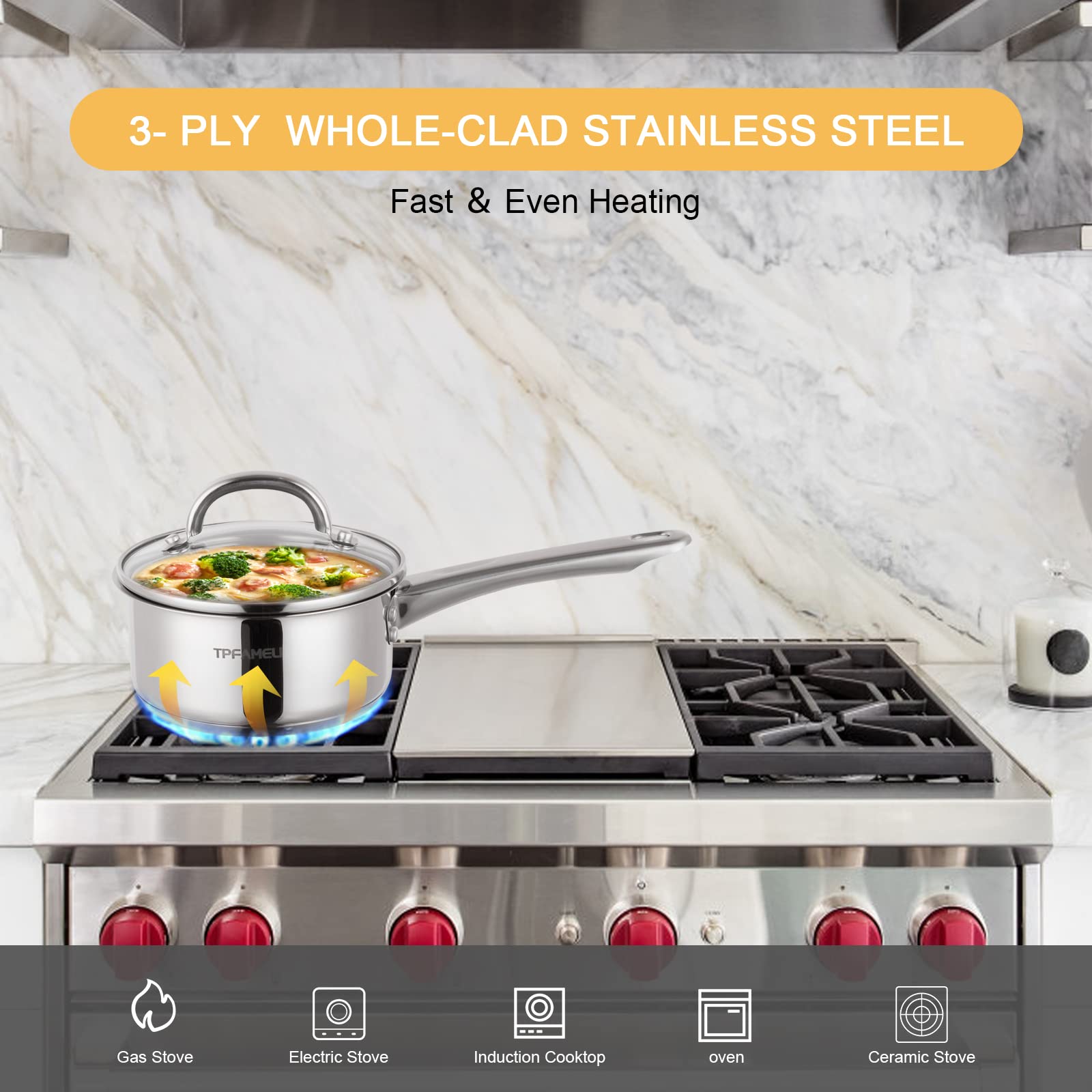 TPFAMELI 1 Quart Saucepan with Lids, Small Saucepan Stainless Steel Tri-Ply Layer Thickened Bottom Sauce Pan Sauce Pot,Dishwasher Safe & Oven Safe (1QT)