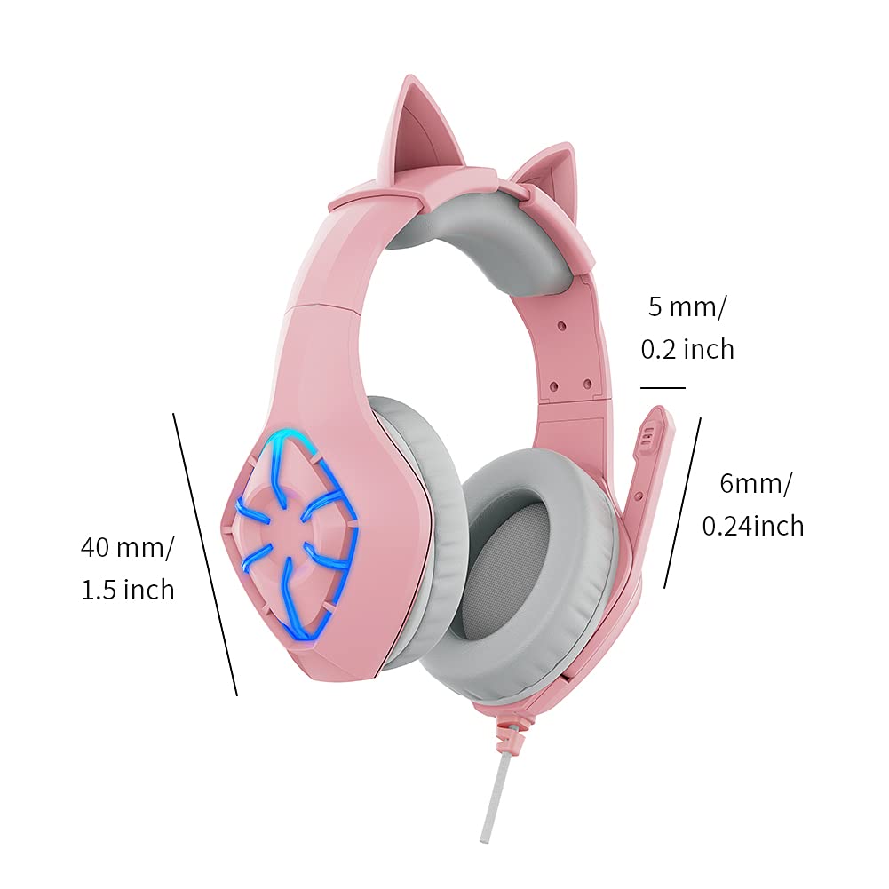 SYCOOVEN Gaming Headset with Mic, 3.5MM Cat Ear Headphones Lightweight Over Ear Headphones LED Light(Pink)
