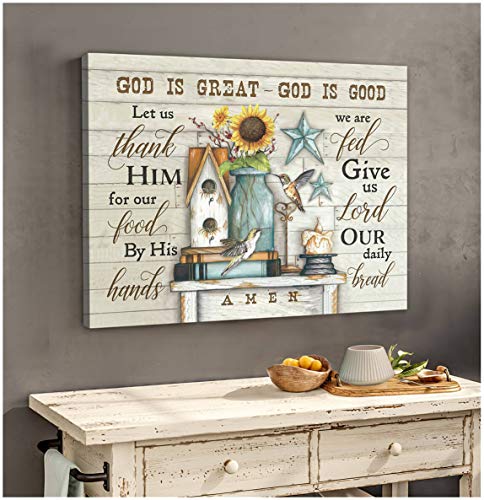 Sunflower & Hummingbird – God Is Great God Is Good Poster Wall Art Decor Gift (Canvas Print, 30x20)