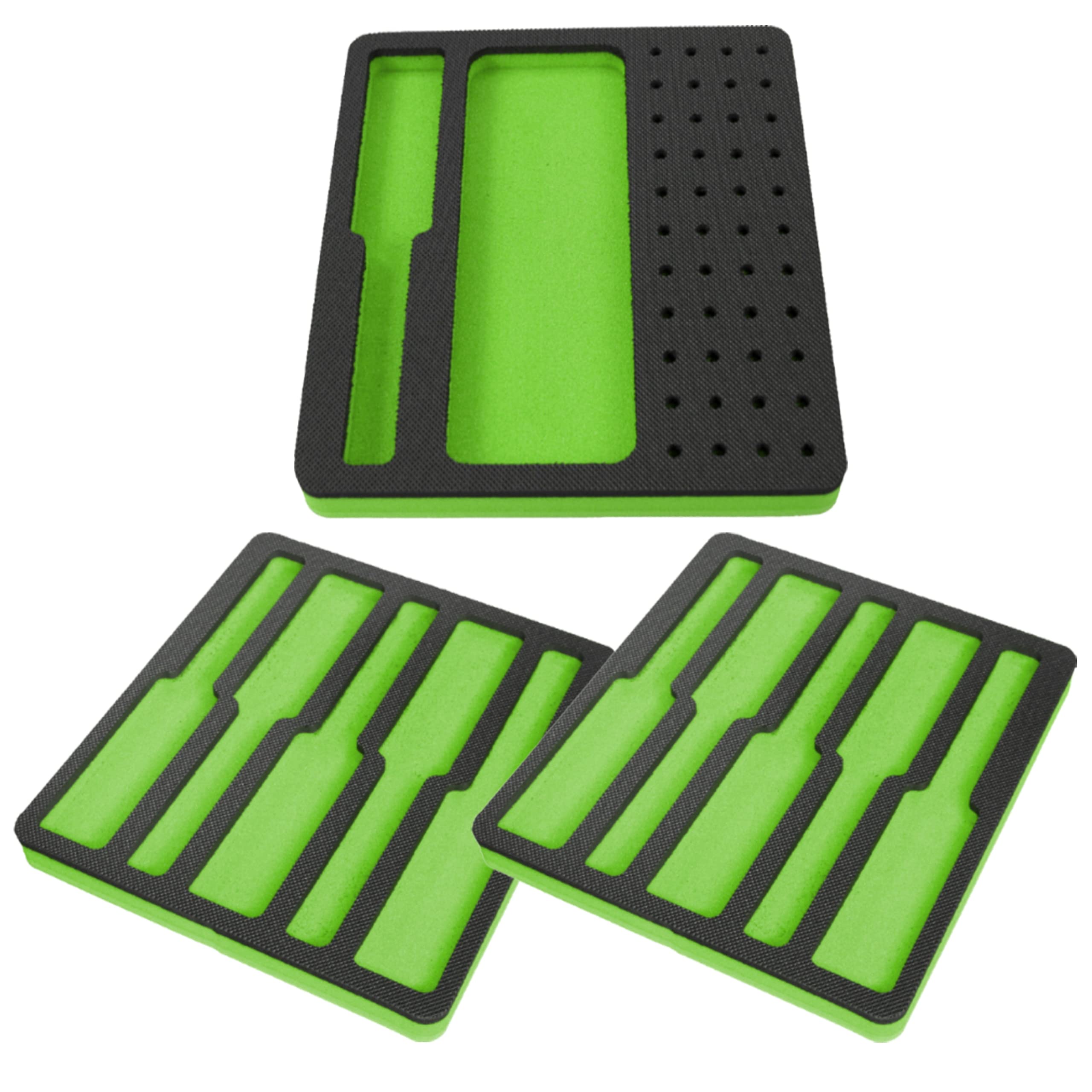 Polar Whale Tool Drawer Organizer 3-Piece Screwdriver Bit Driver Insert Set Green and Black Durable Foam Holds Many Tools 10 x 11 Inch Trays Fits Craftsman Husky Kobalt Milwaukee Many Others