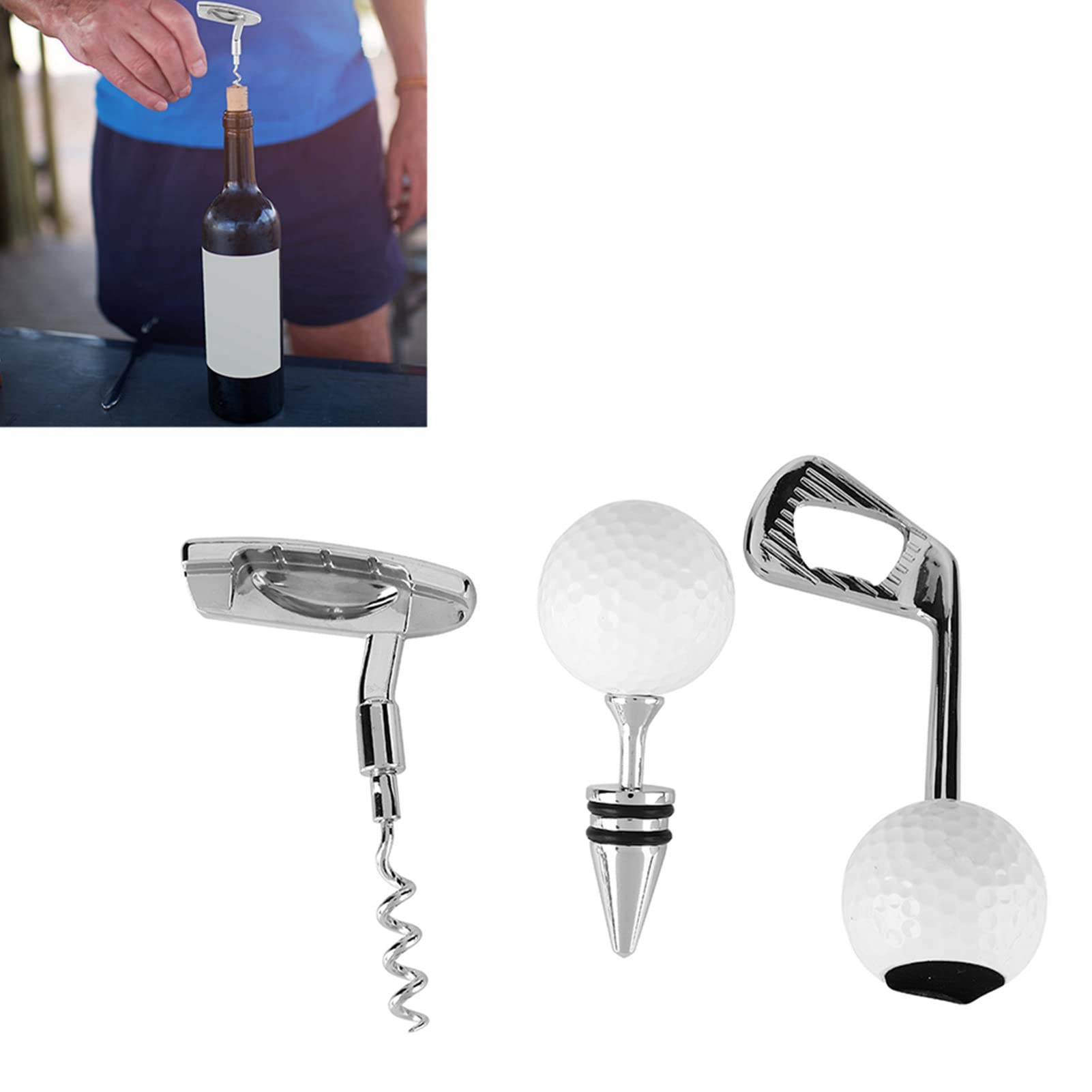 Wine Opener Set, Golf Bottle Opener, Manual Wine Bottle Opener, Zinc Alloy Handle Corkscrew Kit, for Wedding Birthday Day Wine Gift Set, for Golf Lovers and Beer Lovers (3 Pcs)