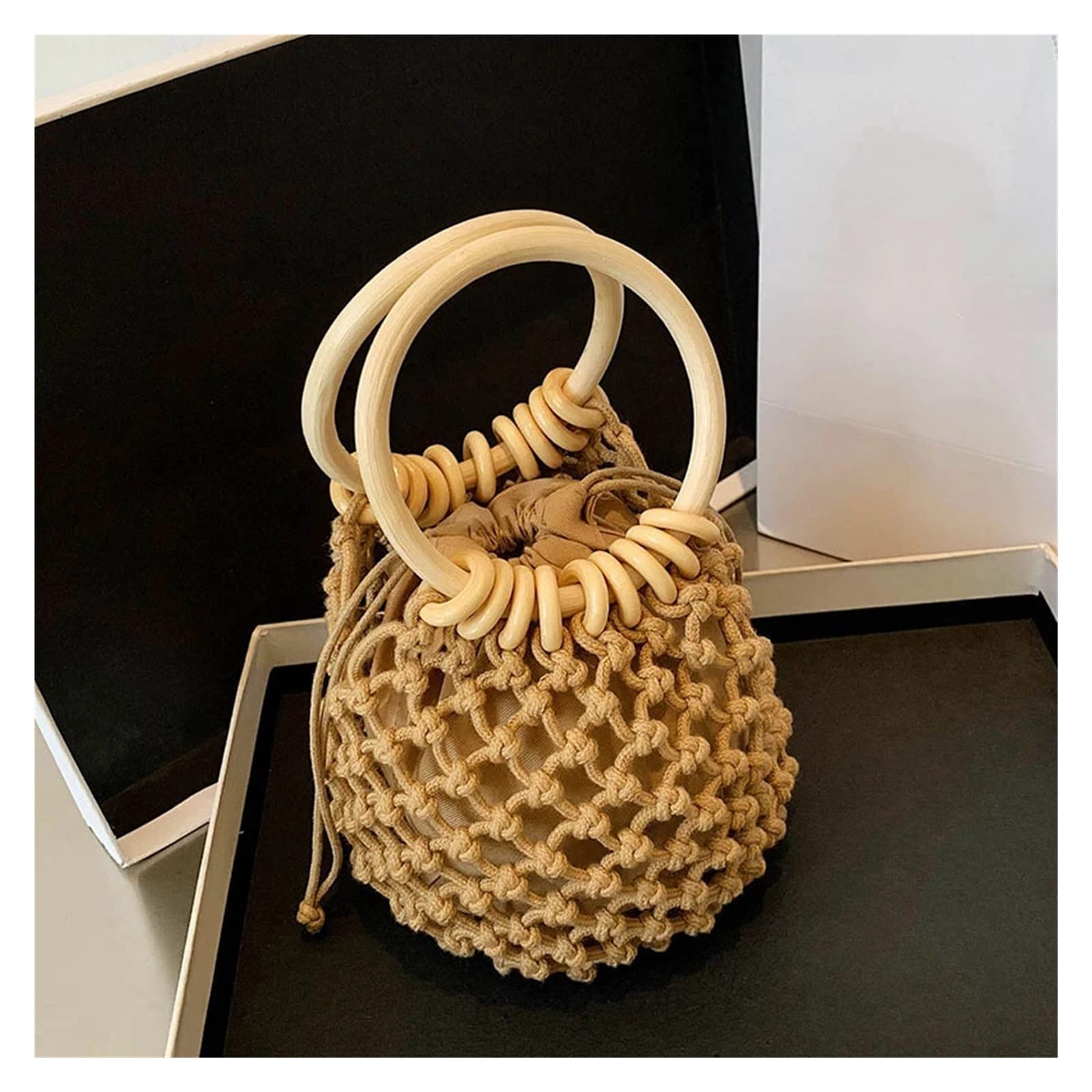 TJLSS Casual Woven Handbag Wooden Handle with Inner Cloth Drawstring Bucket Bag Vacation Beach Wrist Pack Ladies (Color : D, Size : 1)