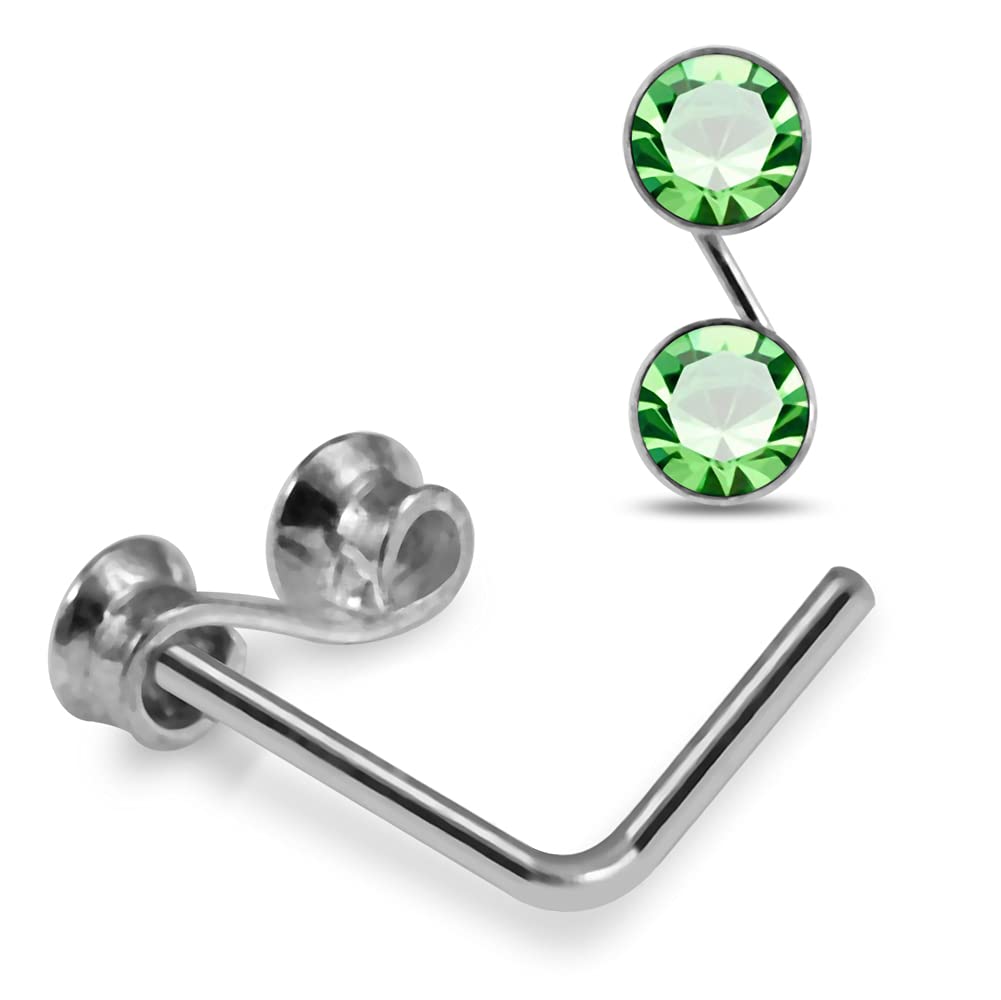 Nose Studs Light Green Gem S Shaped 925 Sterling Silver 22 Gauge L Shaped