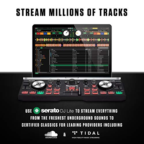 Numark DJ2GO2 Touch β Compact 2 Deck USB DJ Controller For Serato DJ with a Mixer / Crossfader, Audio Interface and Touch Capacitive Jog Wheels,Black