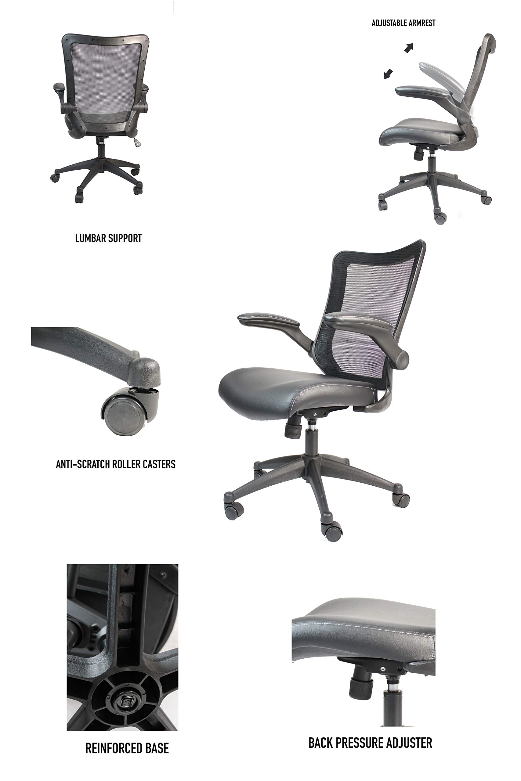 OFFICE FACTOR Office Chair 300Lbs Weight Capacity Flip-up arms Anti-Scratch Wheels Mesh Back and Faux Leather Seat Lumbar Support Computer Ergonomic Task Desk Chair (Black Desk Chair)