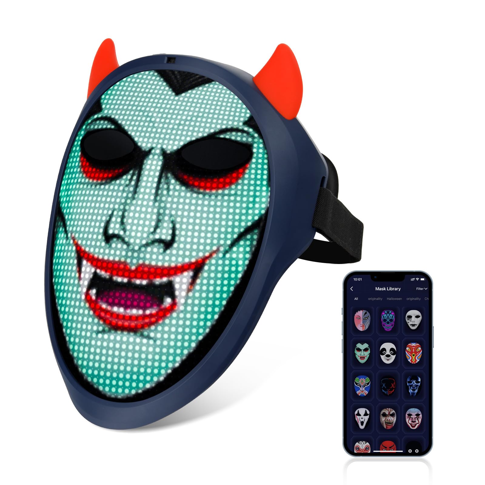 NAFEELION LED Mask with Bluetooth Compatible App Controlled, Rechargeable Halloween LED Light Up Face Mask with Inter Gesture Sensing, Suitable for Costume Cosplay Halloween Party Masquerade