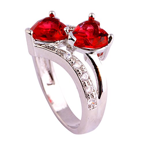 Narica Silver Plated 7x7mm Double Heart Cut Created Ruby Spinel Cubic Zirconia Filled Halo Wedding Engagement Band Elegant Women's Ring for Mom Bridal Lover Gift 10#