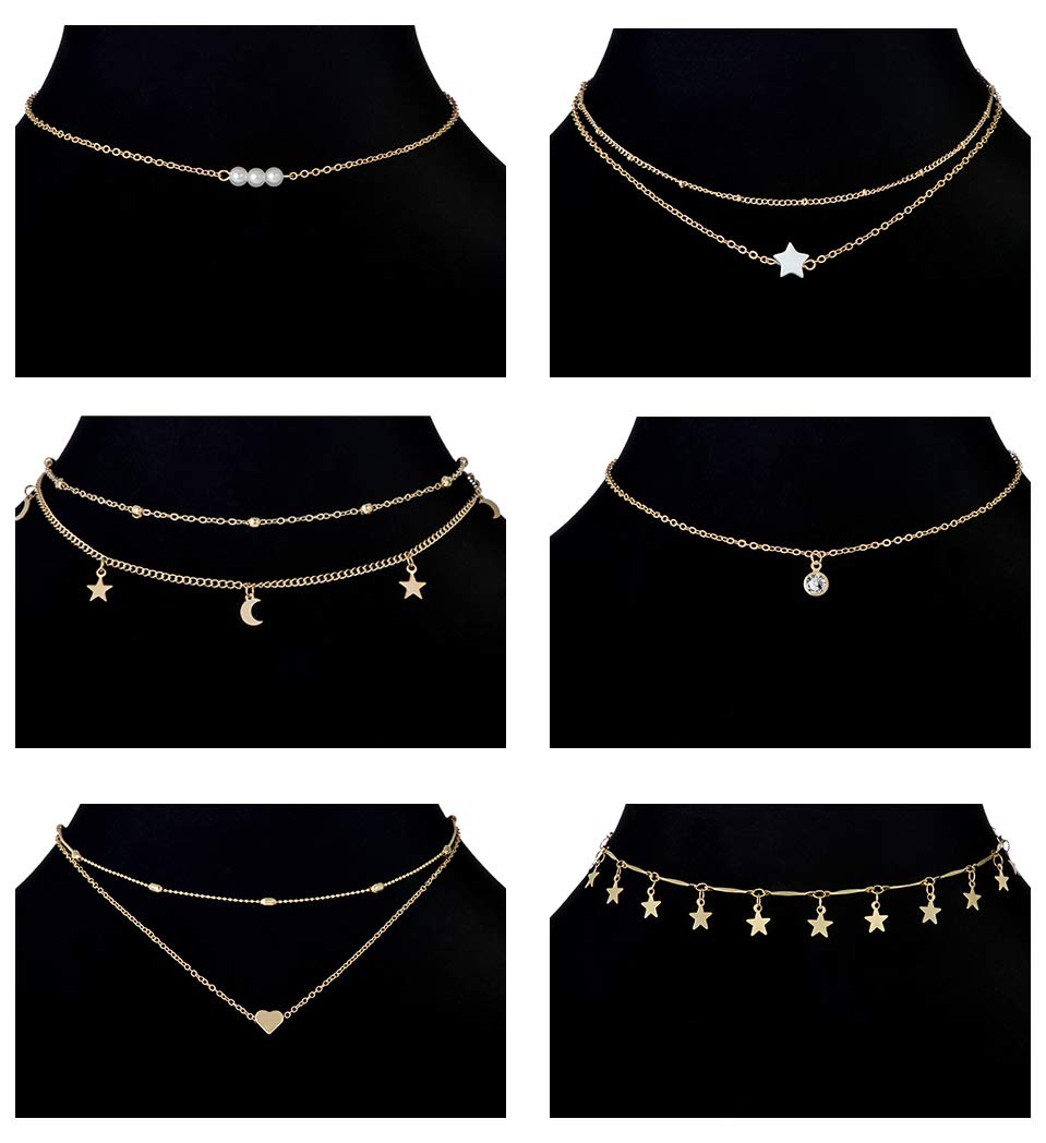 Ofeiyaa 12pcs Chain Gold Bead Necklace Coin Moon Star Pearl Pendant Chain Choker Multilayer Necklace Leather Cord Set for Women Men Gold Adjustable